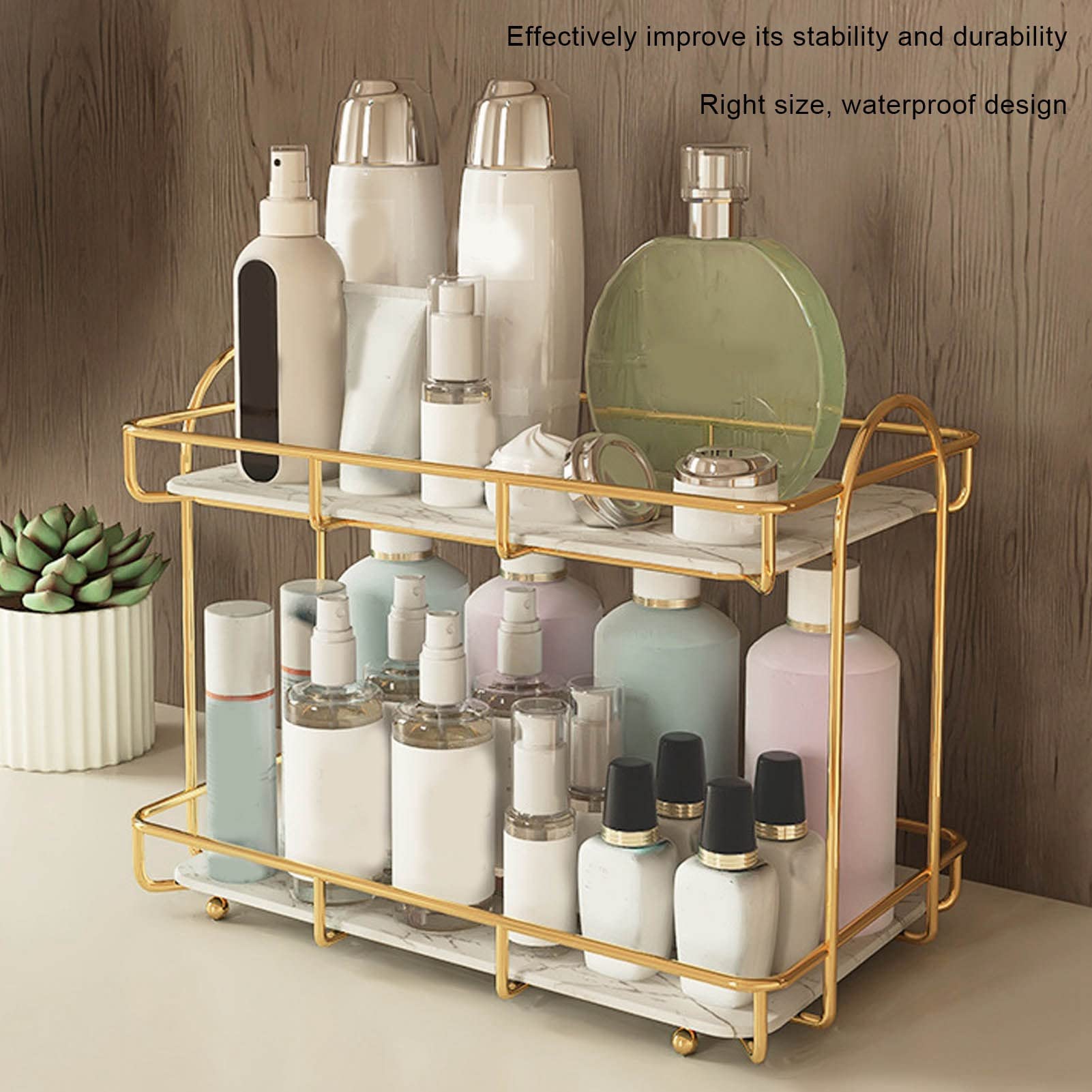 Cosmetic Storage Shelf, 2 Tier Bathroom Countertop Rack, Large Capacity Waterproof Gold Metal Storage Shelf Rack for Bathroom Kitchen Bedroom