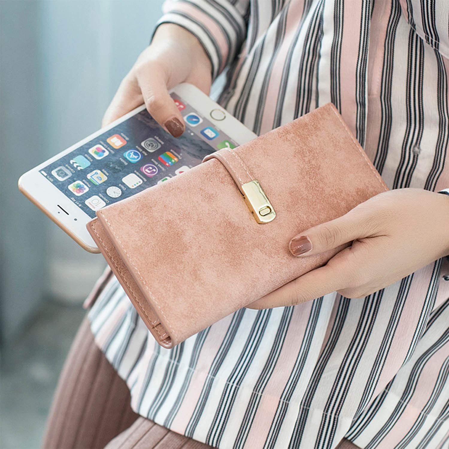 AOXONEL Womens Slim Wallet RFID Ladies Wallets Long Bifold Thin Skinny,Magnetic Closure (Pink)