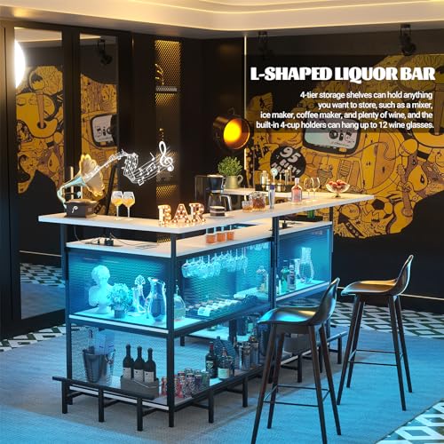 Hyomdeck L Shaped Home Bar Unit with Power Outlet & LED Light, Corner Bar Cabinet with Footrest, Wine Bar Cabinet with Glass Holder and Liquor Rack, Bar Table for Dining Room, Kitchen, Basement, White