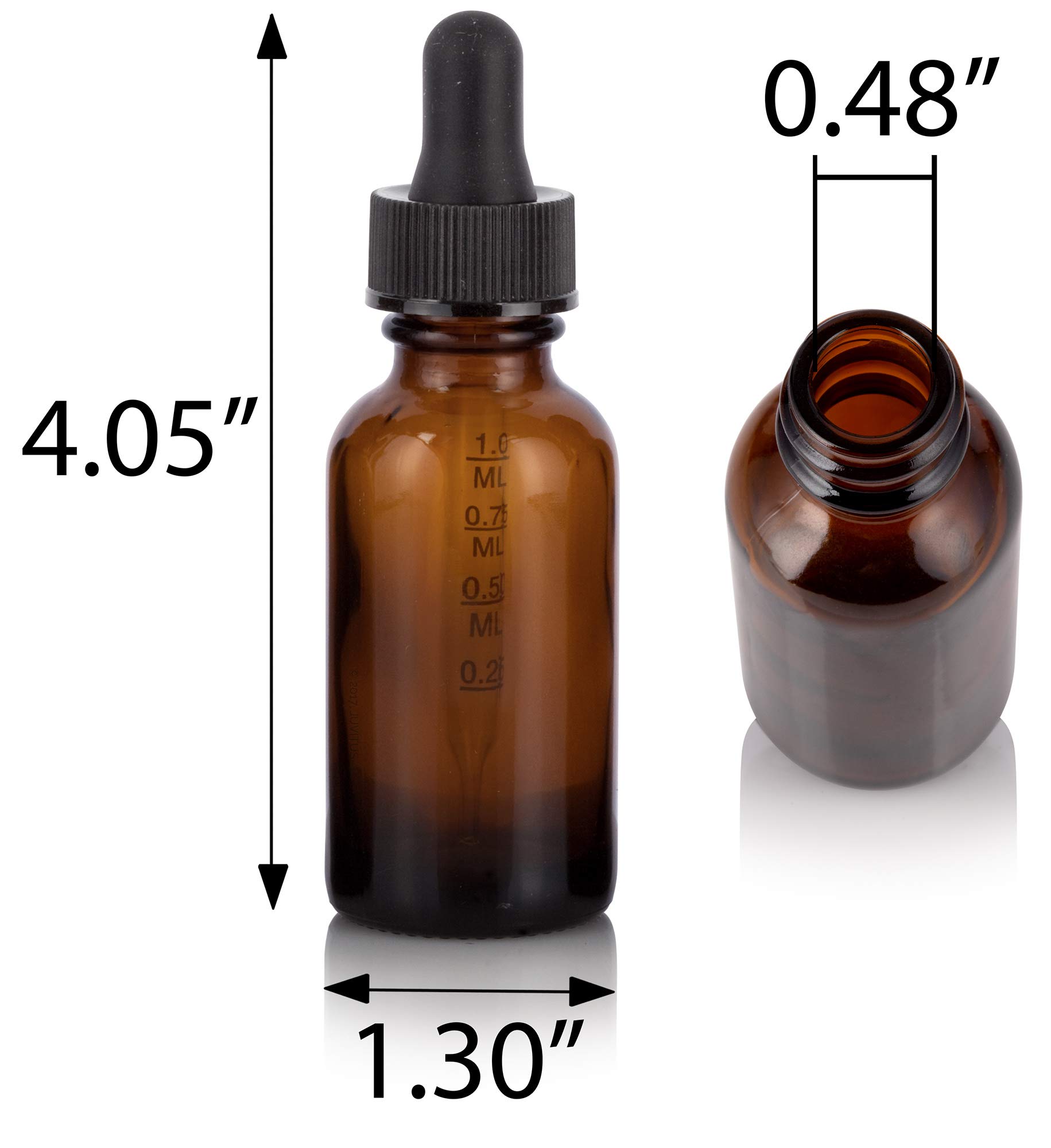 JUVITUS 1 oz / 30 ml Amber Glass Boston Round Bottle with Graduated Measurement Glass Dropper (12 Pack) + Funnel