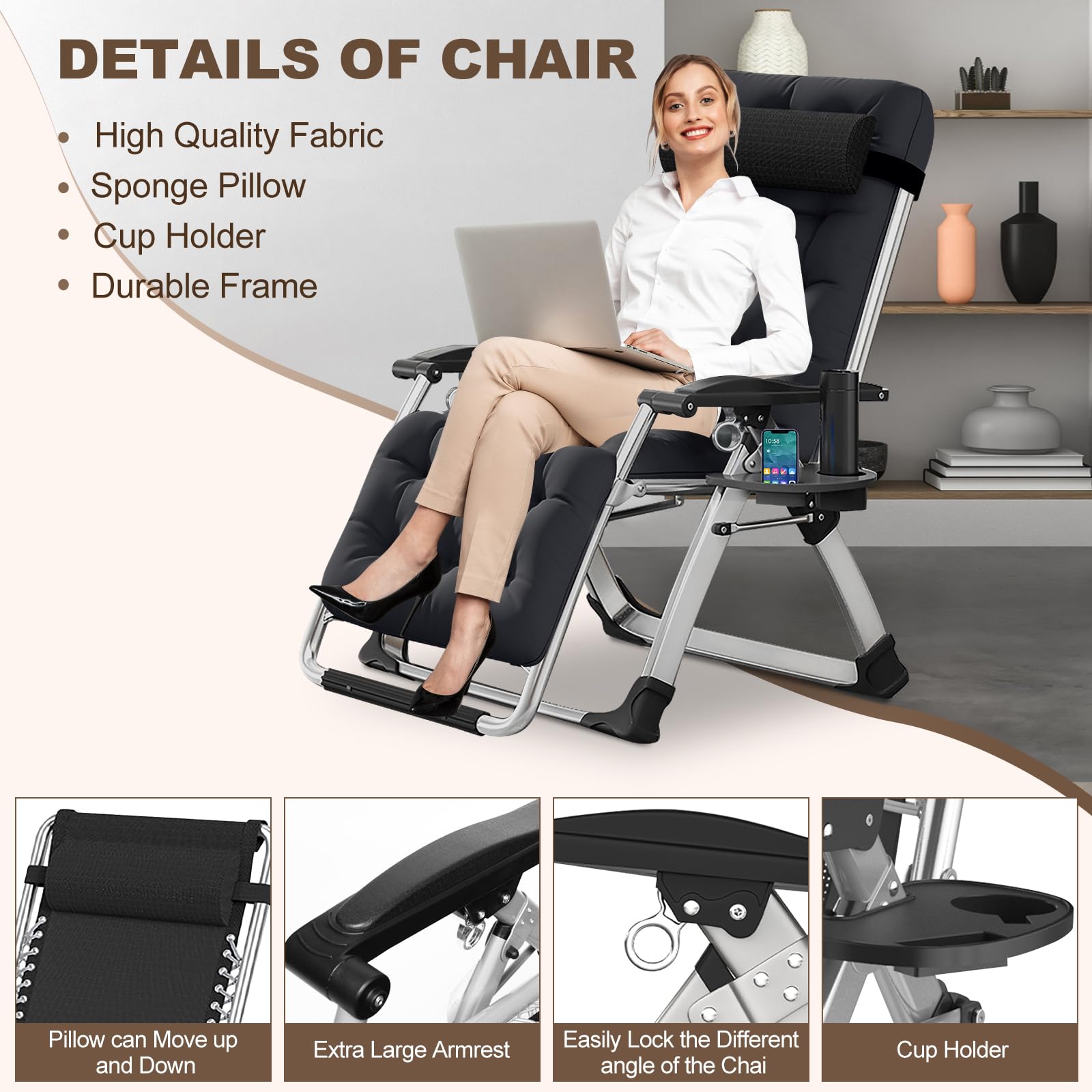 DoCred Comfy Chair, Folding Chair Recliner Chair for Bedroom and Living Room, Folding Reclining Patio Chairs Lounge Chair with Removable Cushion for Indoor Outdoor