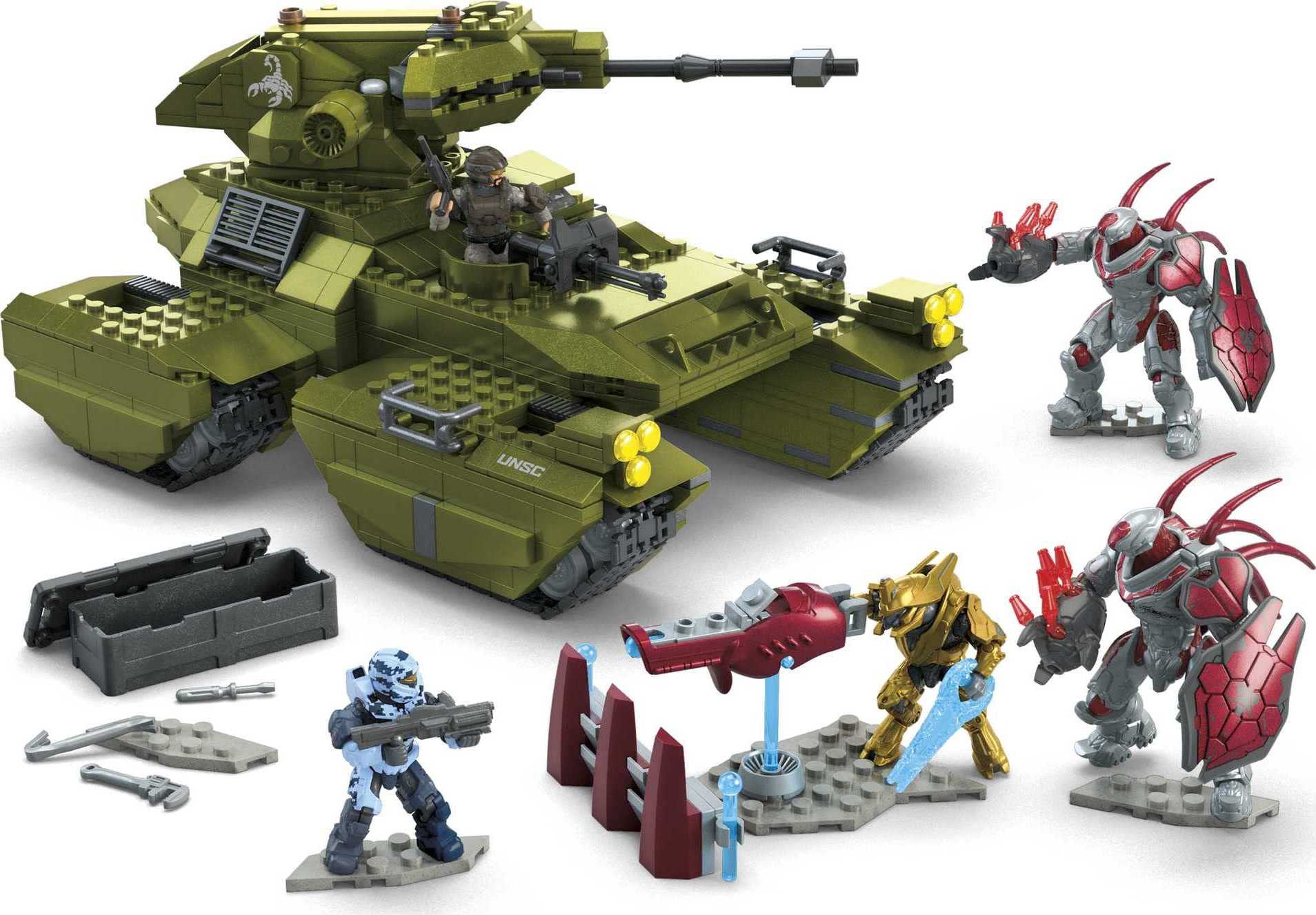 MEGA Halo Toy Building Sets, UNSC Scorpion Clash Tank with 993 Pieces, 5 Micro Action Figures and Display Stands, for Collectors