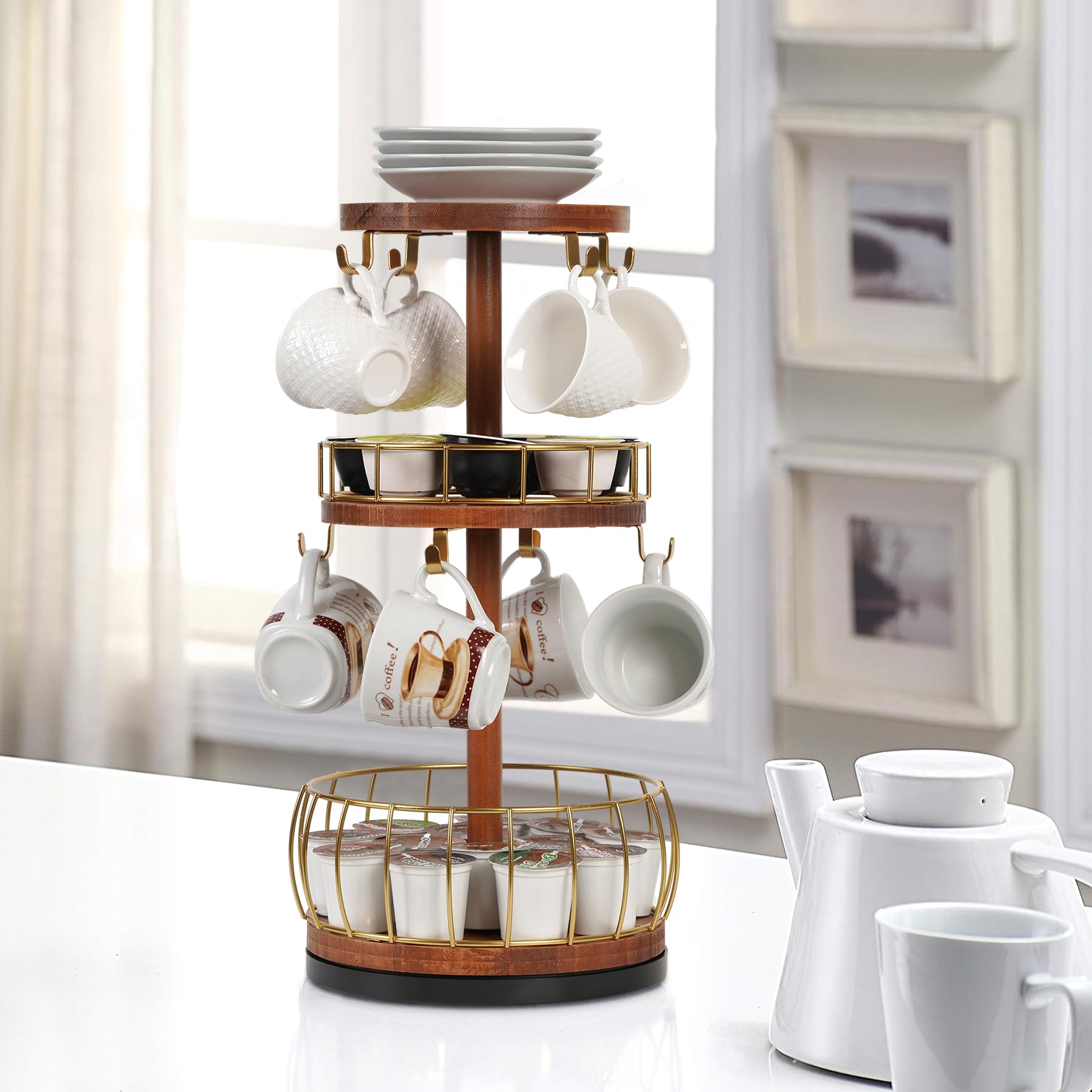 TRSPCWR Mug Tree Countertop, Rotatable Coffee Mug Rack Holder, 3 Tiers Coffee Cup Holder with 8 Mug Hooks, Coffee Pod Holder with Cup Pods & Saucer Basket Storage for Coffee Bar Kitchen Counter