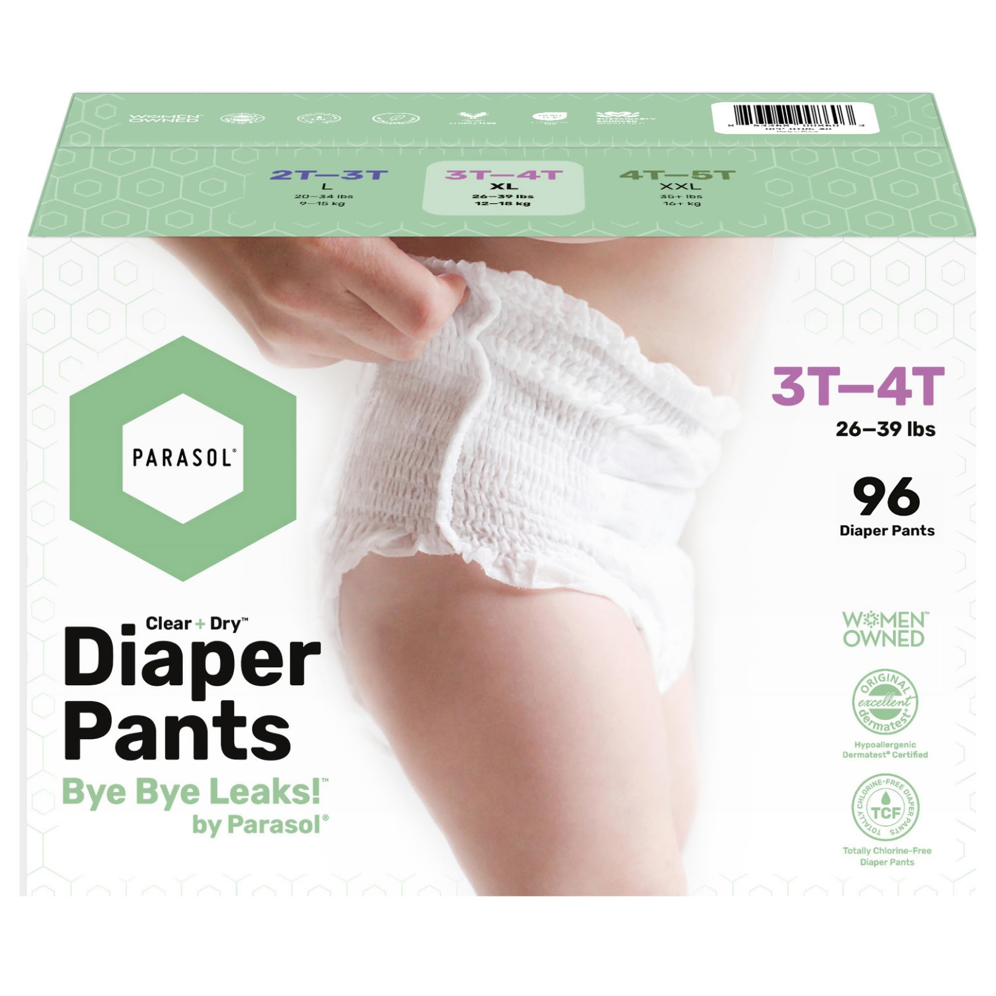 Parasol Clear+Dry™ Diaper Pants | Natural Training Diaper | Pure Ingredients, Water Based Ink, Non-Woven Fabric with Dermatest Excellent Seal | Rash Protection Diaper Set, Size 5 (26+ lbs.) 96 Count