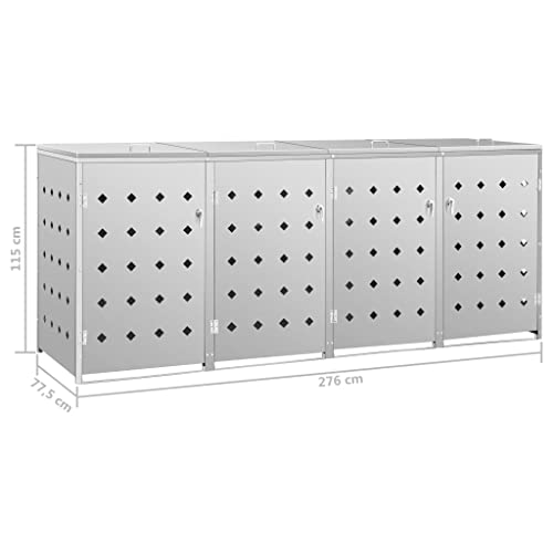 vidaXL Quadruple Wheelie Bin Shed 63.4 gal Waste Container Enclosure Cover Garbage Trash Bin Box Home Garden Household Supply Stainless Steel
