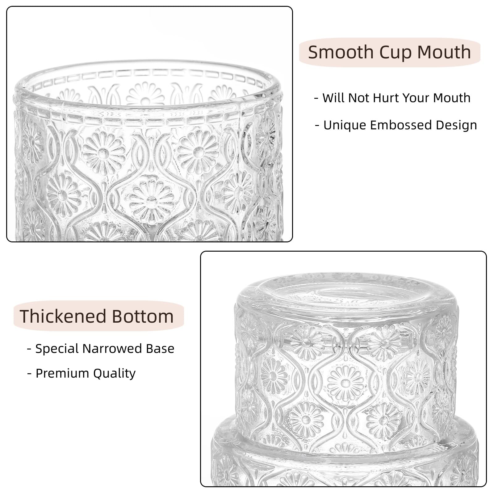 AVLA 8 Pack Vintage Drinking Glassware, 7 oz Romantic Water Juice Glass Tumbler Cup, Clear Stackable Coffee Cocktail Bar Drinkware for Beverages, Tea, Milk, Yogurt, Whiskey, Embossed Floral Pattern