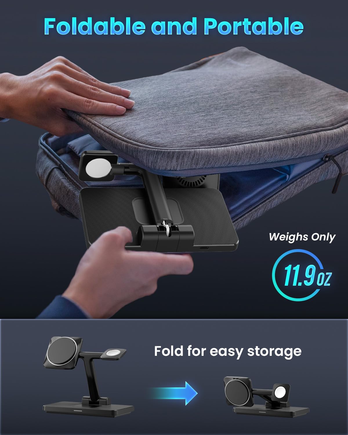 3-in-1 Foldable Charger Stand for MagSafe: JoyGeek Wireless Charging Station for iPhone 15/14/13/12 Pro Max Plus Mini, Magnetic Mag-Safe Dock for Apple Watch Ultra/SE/9/8/7/6/5/4/3/2, Air Pods Pro/3/2