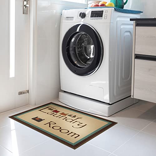 Machine Washable Bordered Laundry Room Rug Non-Slip Rubberback 2x3 Laundry Area Rug for Laundry Room, Bathroom, Washroom, 26" x 35", Beige