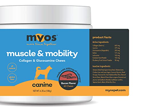 MYOS Canine Muscle & Mobility Chews β Natural Collagen & Glucosamine for Dogs - Bacon Flavor Joint Supplement for Muscle, Bone & Joint Support, 60 Count