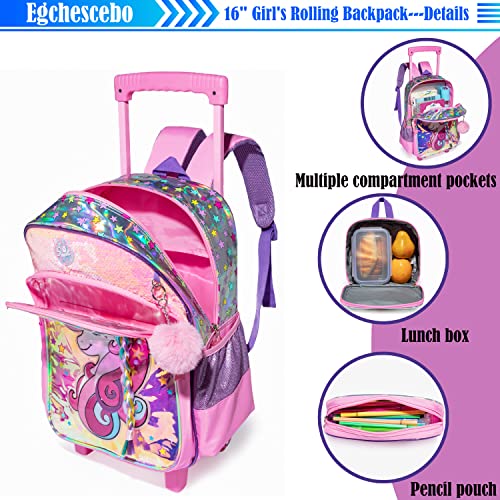 Egchescebo kids Rolling Kid Travel Toddler Duffle Bag Unicorn Backpack for Girls Carry on Luggage Roller Computer Suitcase with Pencil Case and Lunch Box Wheels Wheeled Braid Toy Backpacks Pink