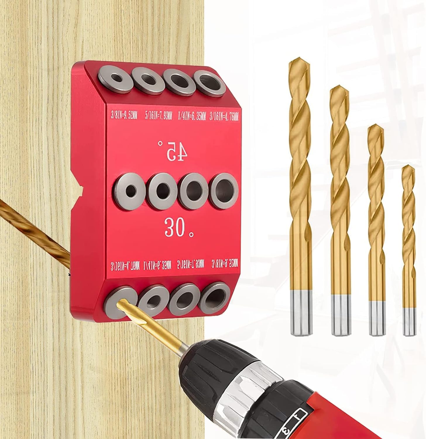 30 45 90° Angle Drill Guide Jig with 4 Size Bits, Durable All-Metal Drilling Jig for Drilling Straight and Angled Holes, for Cable Railing Lag Screw Kit Wood Post,Railing Deck Stair Handrail (5 Pcs)
