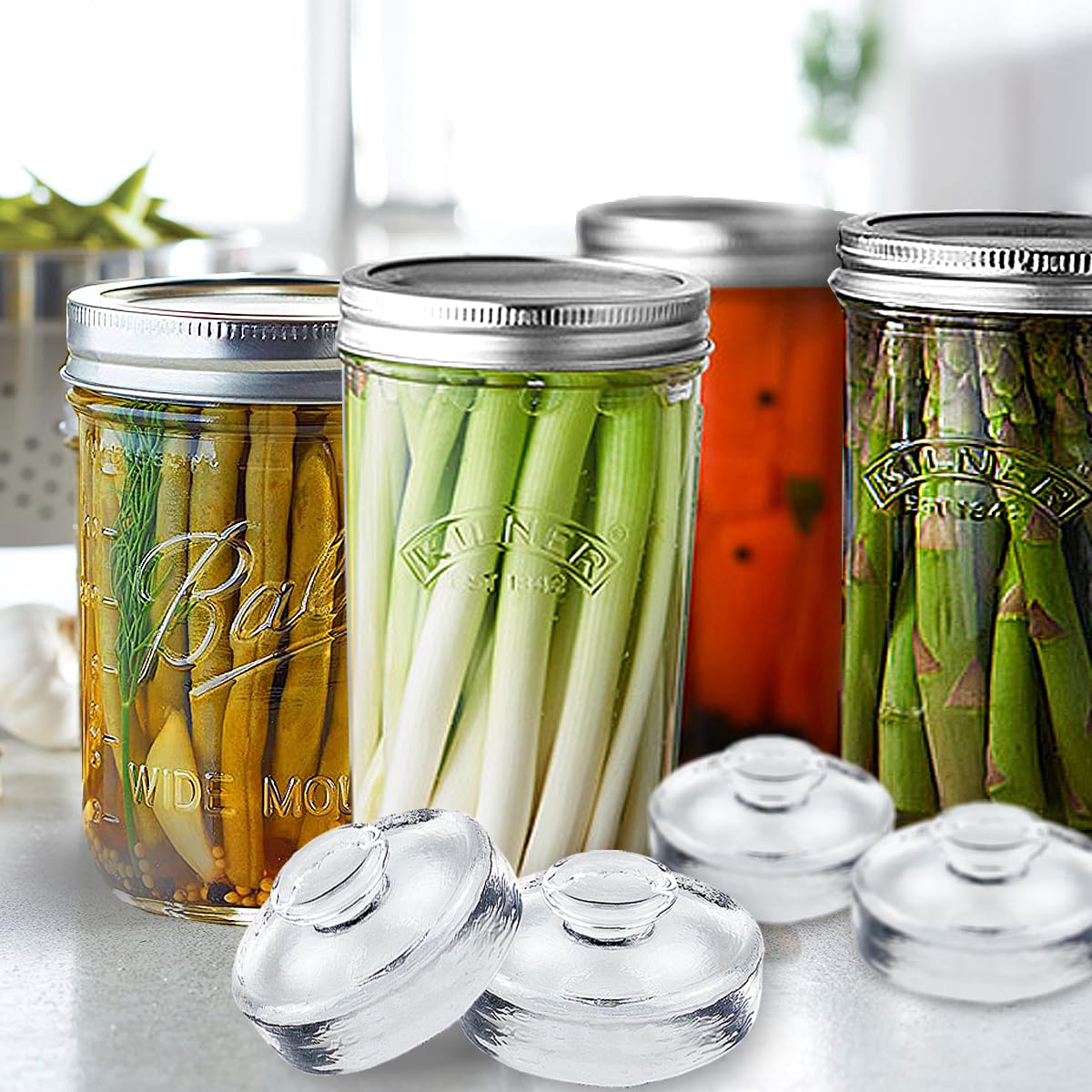 Artcome 4-Pack Glass Fermentation Weights with Easy Grip Handle and Unique Texture Design for Large Wide Mouth Mason Jars