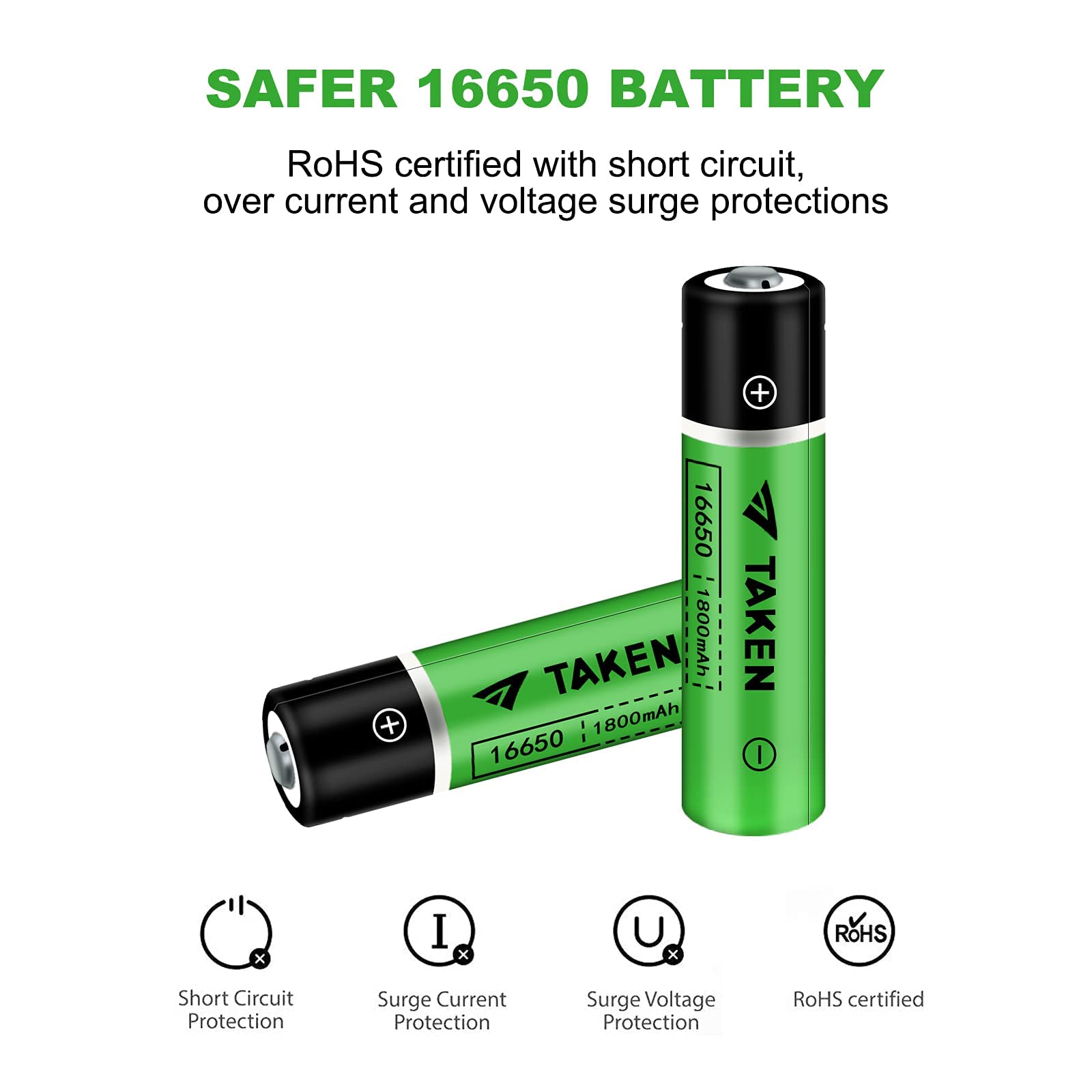 Taken 16650 Rechargeable Battery, 16650 Battery 1800mAh 3.7V Li-ion Rechargeable Battery with Button Top for Flashlights Torches - 2 Pack