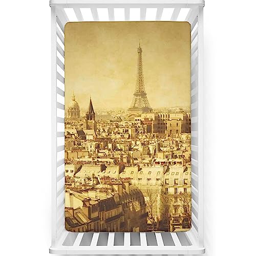 Eiffel Tower Themed Fitted Mini Crib Sheets,Portable Mini Crib Sheets Soft Toddler Mattress Sheet Fitted - Great for Boy or Girl Room or Nursery,24“ x38“,Brown