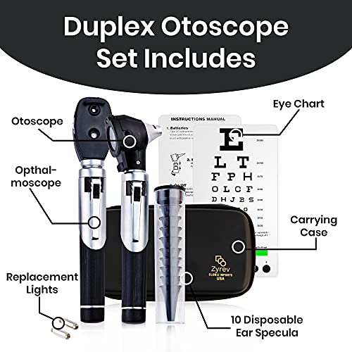 Zyrev Otoscope Ophthalmoscope Duplex Set - Multi-Function Otoscope/Opthalmoscope for Ear & Eye Examination - Includes Portable Tortoise Shell Case (Black)