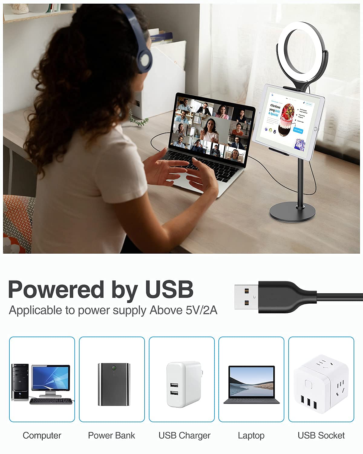 Elitehood iPad Stand with Ring Light for Online Video Conference, 3 Colors & 10 Brightness Computer Ring Light, Adjustable Desktop iPad Holder Stand for iPad Pro 12.9 11 Air Mini and 4-13’’ Tablet