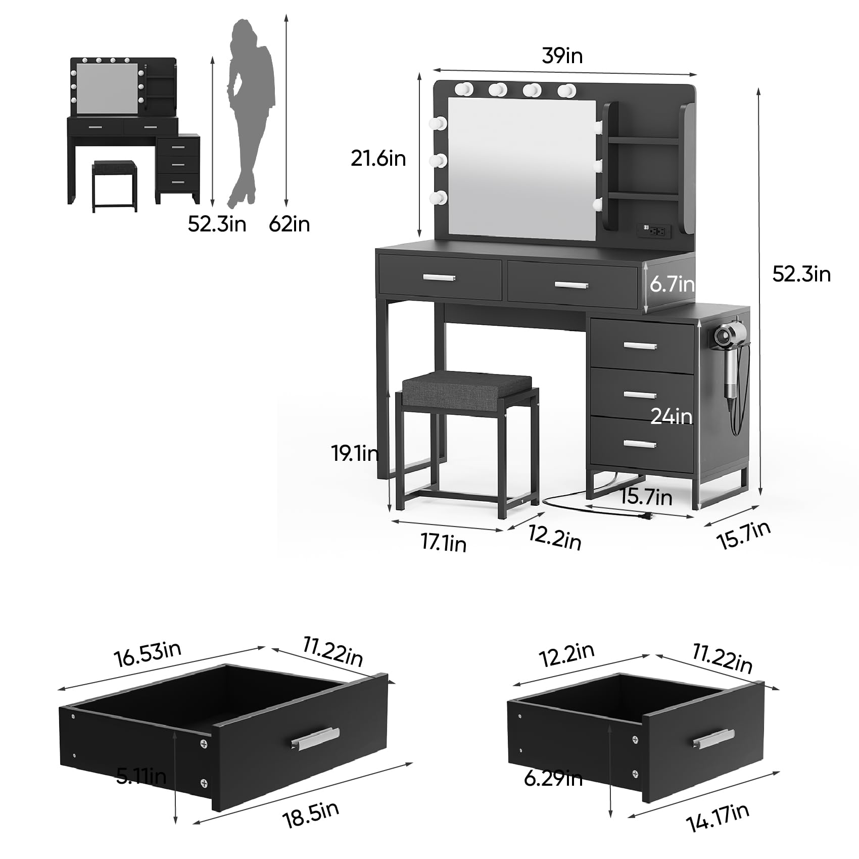 Semiocthome Vanity Mirror with Lighted Mirror and Power Strip 10 LED Lights Makeup Vanity Desk with Storage Shelves and Cushioned Stool, 5 Drawers Large Capacity Dressing Table for Bedroom-Black