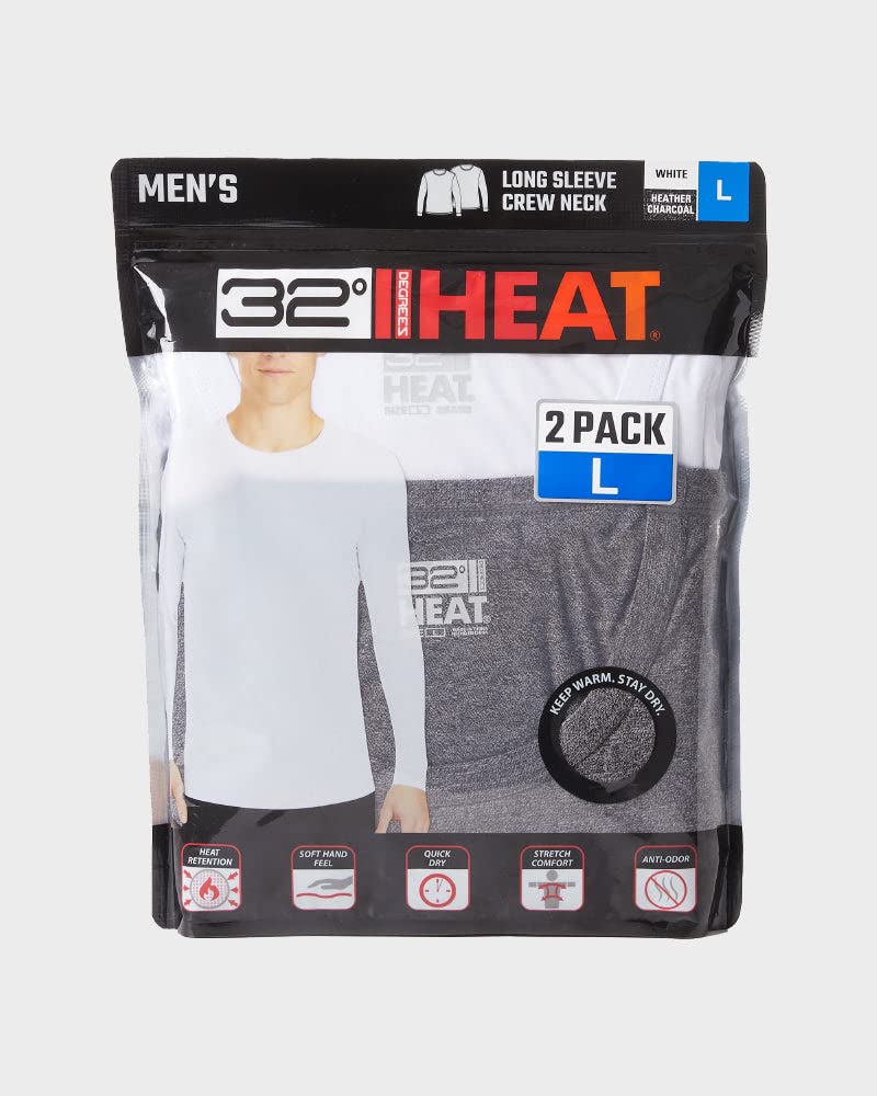 32 DEGREES Men's 2-Pack Performance Lightweight Thermal Baselayer Crewneck Long Sleeve Shirt Top | Moisture Wicking | Anti Odor, WHITE/CHARCOAL HEATHER, X-Large