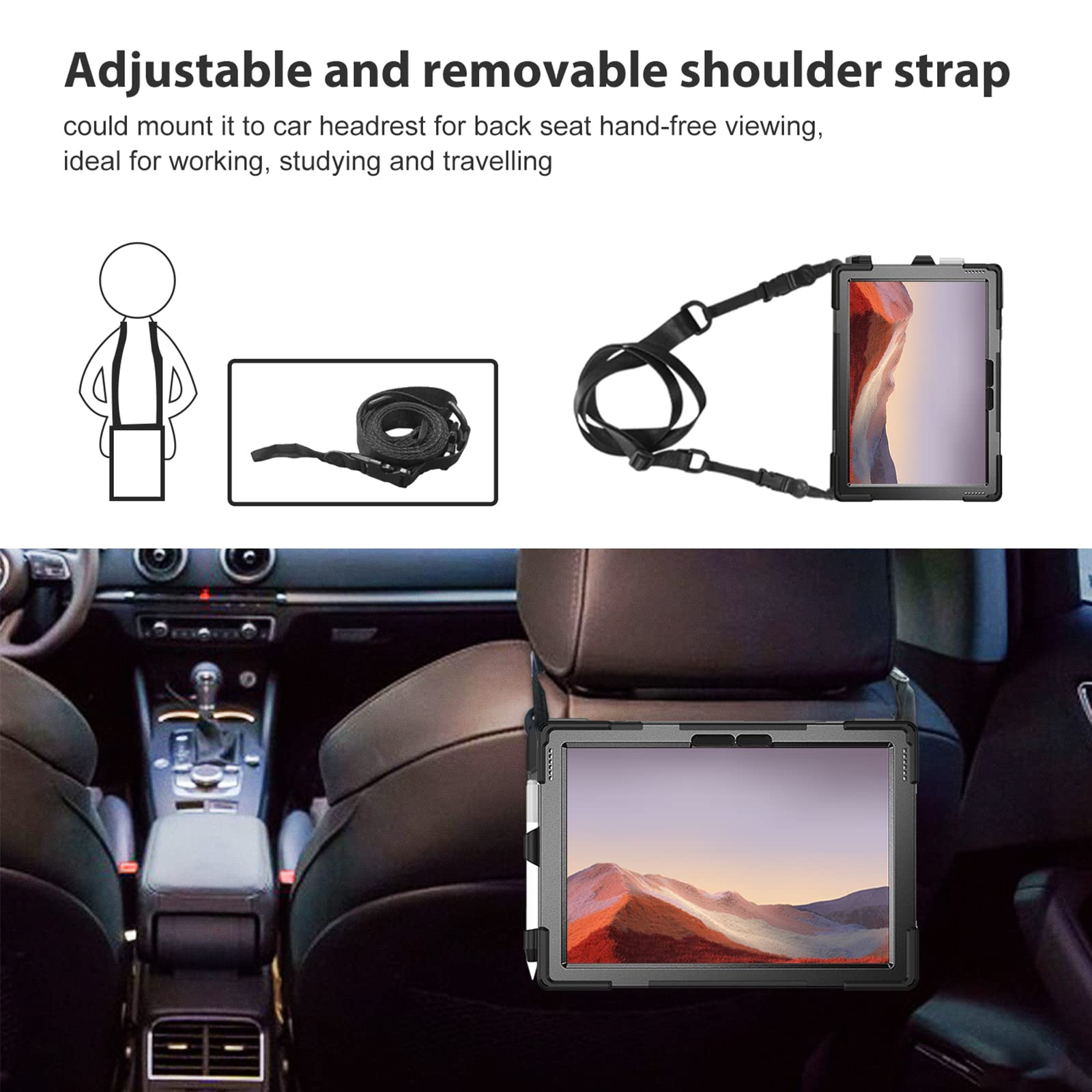 ProCase Surface Pro 7 Plus/Pro 7 / Pro 6 / Pro 5 / Pro 4 / Pro LTE Case, Full Body Protective Case, 360 Degree Rotatable Heavy-Duty Cover with Hand Strap, Shoulder Belt and Kickstand -Black