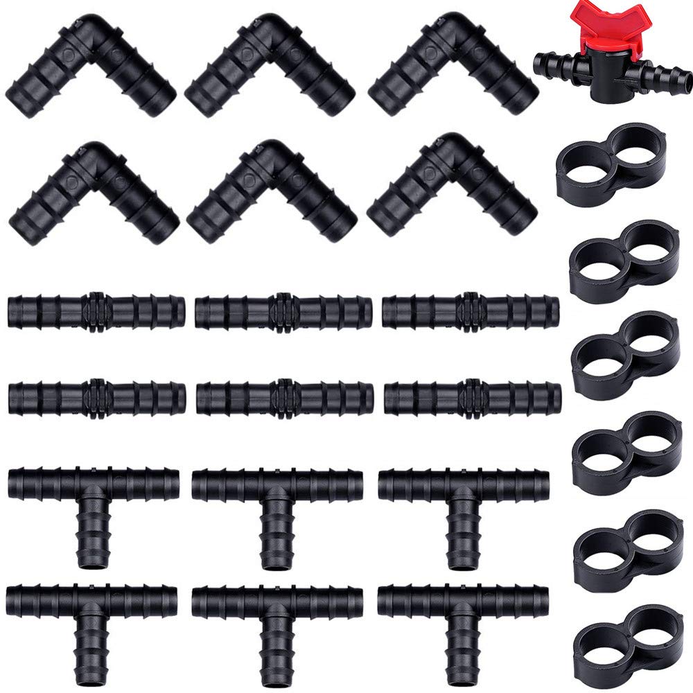 Minelife 25 Pcs Drip Irrigation Fittings for 1/2" Tubing, Irrigation Kits Accessories - 1 Switch Valve, 6 Tees, 6 Couplings, 6 Elbows, 6 End Cap Plugs, Barbed Connectors for Drip or Sprinkler Systems