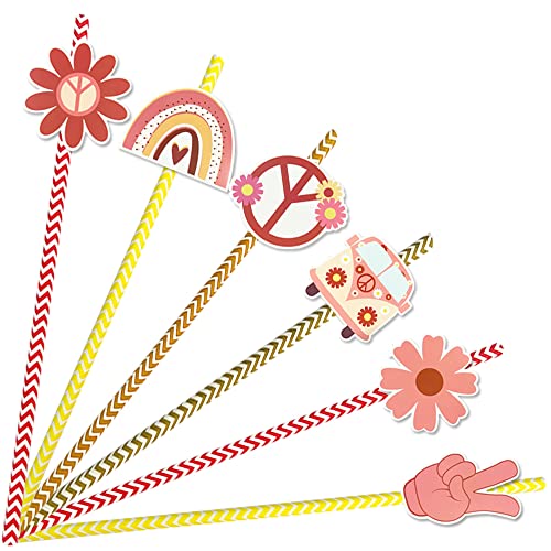 24Pcs Groovy Straws Groovy Hippie Boho Party Decorations Daisy Flower Bus Rainbow Peace Sign Paper Straws for Groovy Retro Vintage Birthday Baby Shower Party Supplies Favors
