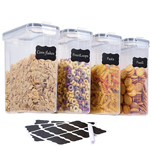 Airtight Food Storage Containers with Lids,BPA Free Plastic Cereal Containers Storage 4 Pack 135.2 fl oz,Kitchen and Pantry Organization storage for Dry Food,Cereal,Flour,Sugar,Include 24 Labels
