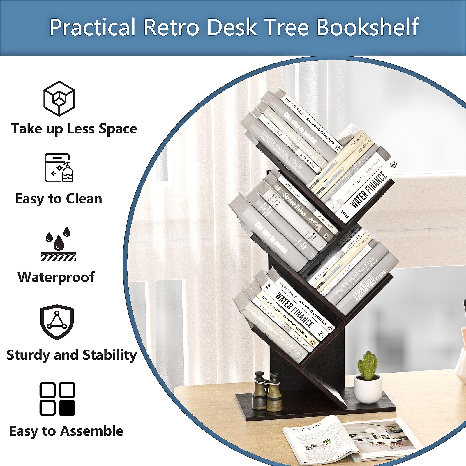 DFENGDF 5-Shelf Tree Bookshelf Free Standing Small Book Shelf Narrow Wood Bookcase Floor Standing Book Shelf Modern Book Storage Organizer for Home Office Bedroom Living Room Black