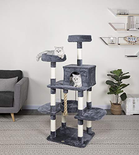 Go Pet Club 61.5" Jungle Rope Cat Tree Kitty Condo Tower House Furniture with Swing Bed for Indoor Cats, Slate Gray