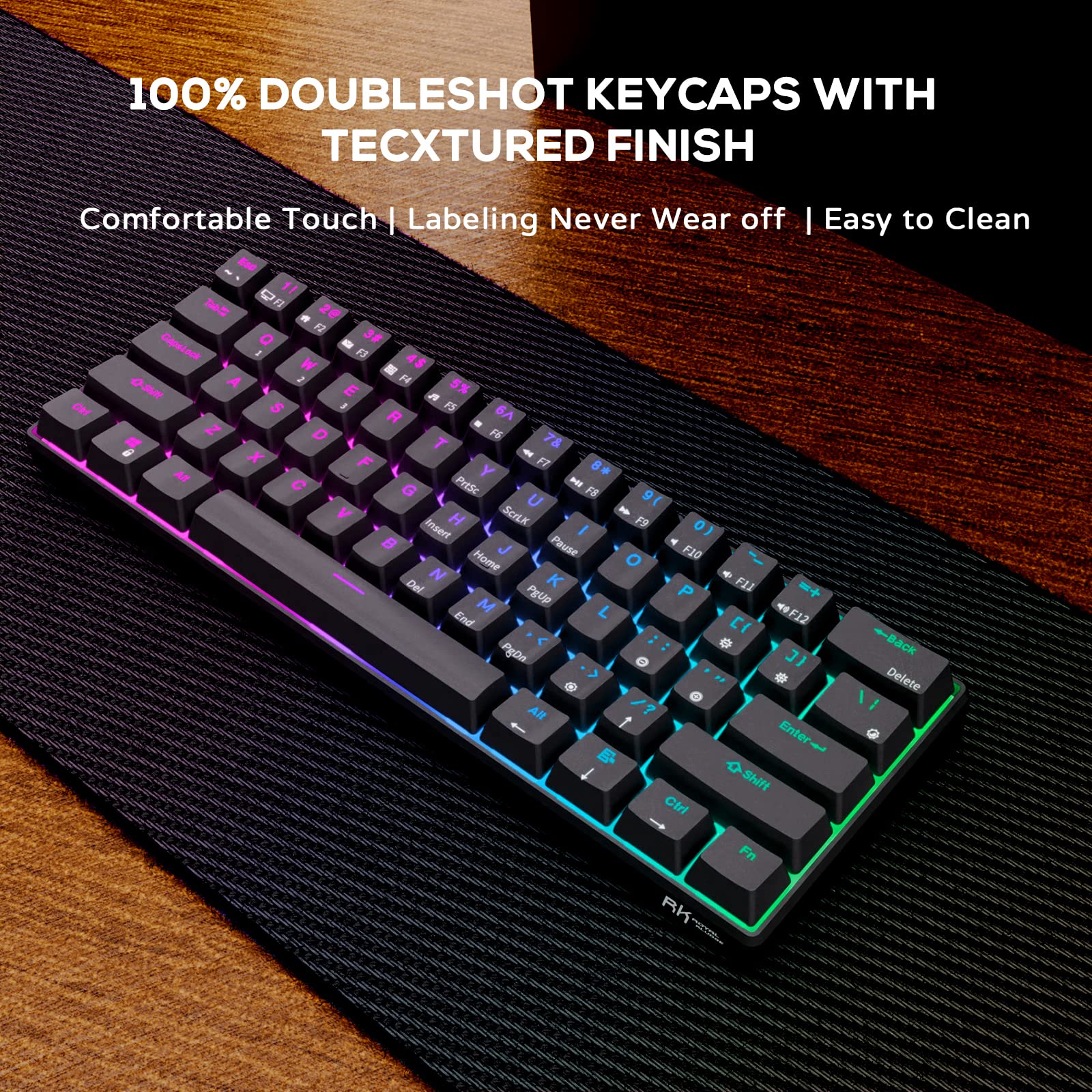 RK ROYAL KLUDGE RK61 60% Mechanical Keyboard with Coiled Cable, 2.4Ghz/Bluetooth/Wired, Wireless Bluetooth Mini Keyboard 61 Keys, RGB Hot Swappable Red Switch Gaming Keyboard with Software - Black