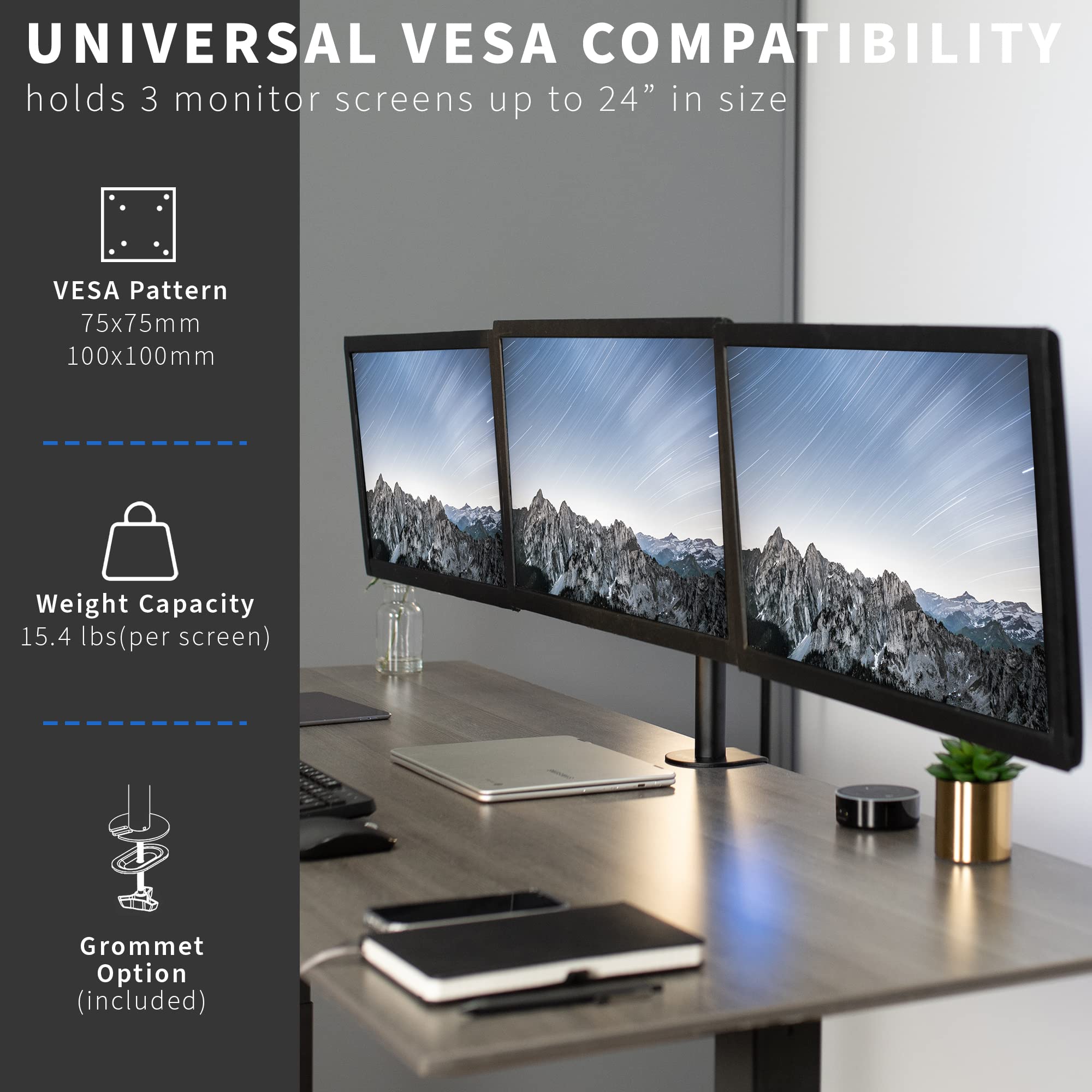 VIVO Triple Monitor Adjustable Desk Mount, Articulating Tri Stand, Holds 3 Screens up to 24 inches, Black, STAND-V003Y