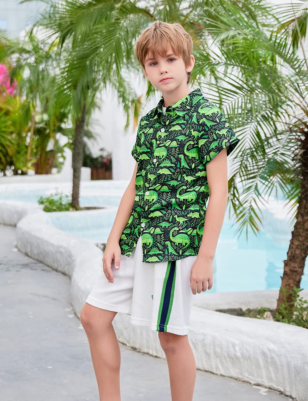 uideazone 5 Years Dinosaur Green Boys 3D Printed Holiday Button Down Shirt Novelty Tropical Themed Hawaiian Tops Clothes for Boys 5-6T