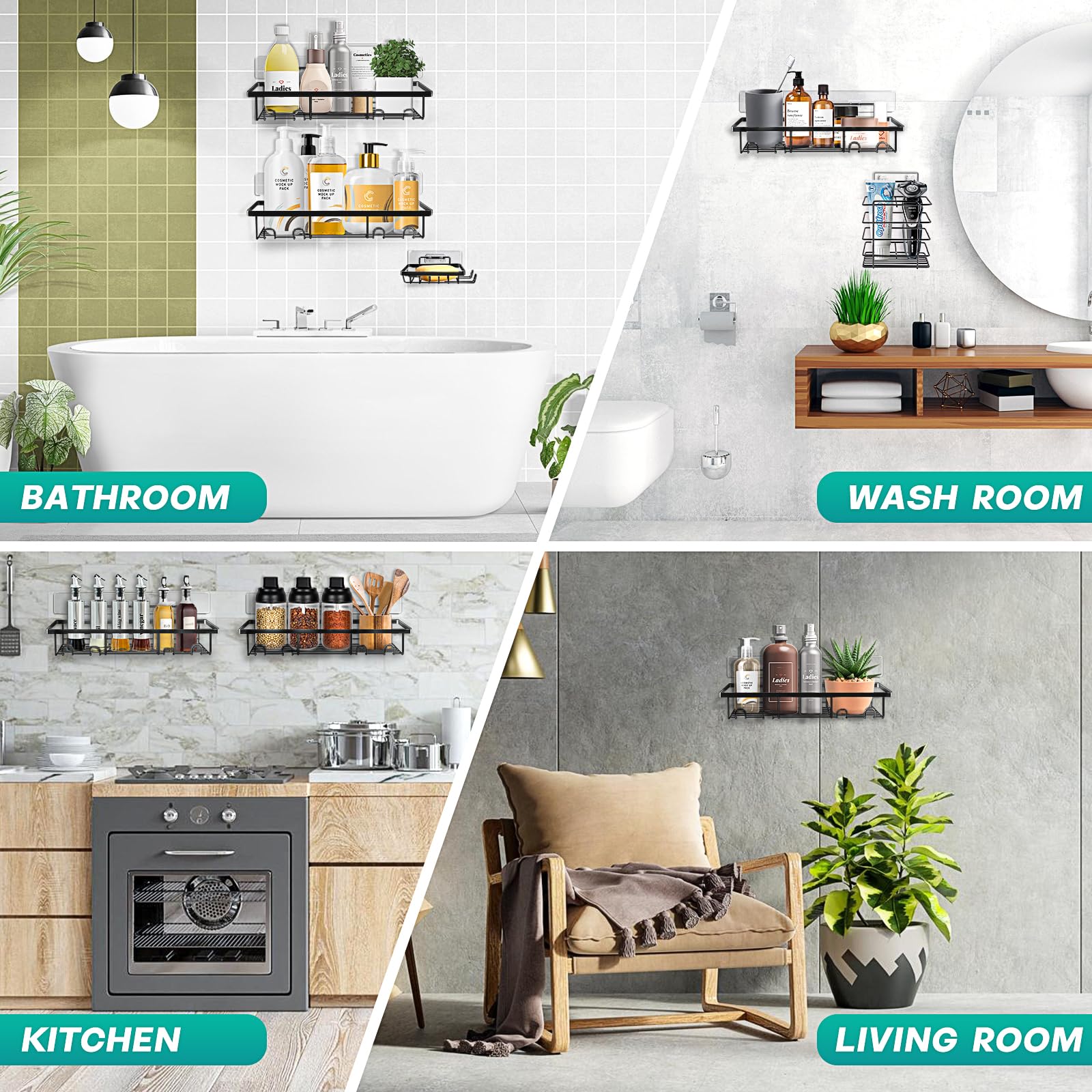 Shower Caddy Organizer 5-Pack Shower Shelves Adhesive Shower Shelf No Drilling Rustproof Bathroom Accessories Shower Storage with Toothbrush Holder and Soap Holder Organization for Living Room Kitchen