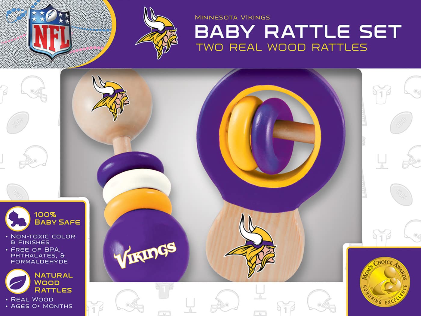 BabyFanatic Wood Rattle 2 Pack - NFL Minnesota Vikings - Officially Licensed Baby Toy Set