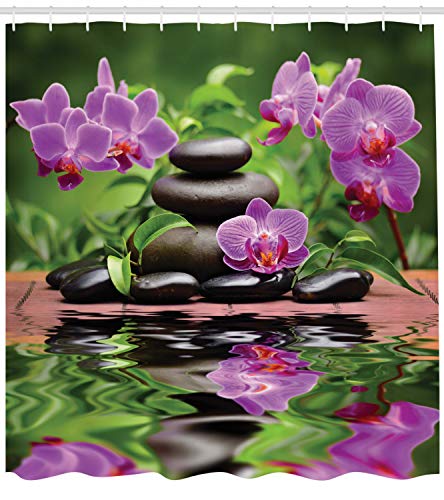 Ambesonne Spa Shower Curtain, Basalt Stones and Orchid Reflecting on Water Greenery Wellbeing Tropical, Cloth Fabric Bathroom Decor Set with Hooks, 69" W x 70" L, Green Fern