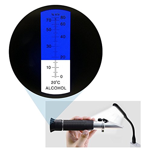 Alcohol Refractometer - 0-80% Alcohol Volume Percent with ATC for Distilled Beverages, Whiskey, Vodka, Gin, Tequila - Portable with Extra LED Light & Pipettes - Accurate Alcohol Measurement Tool