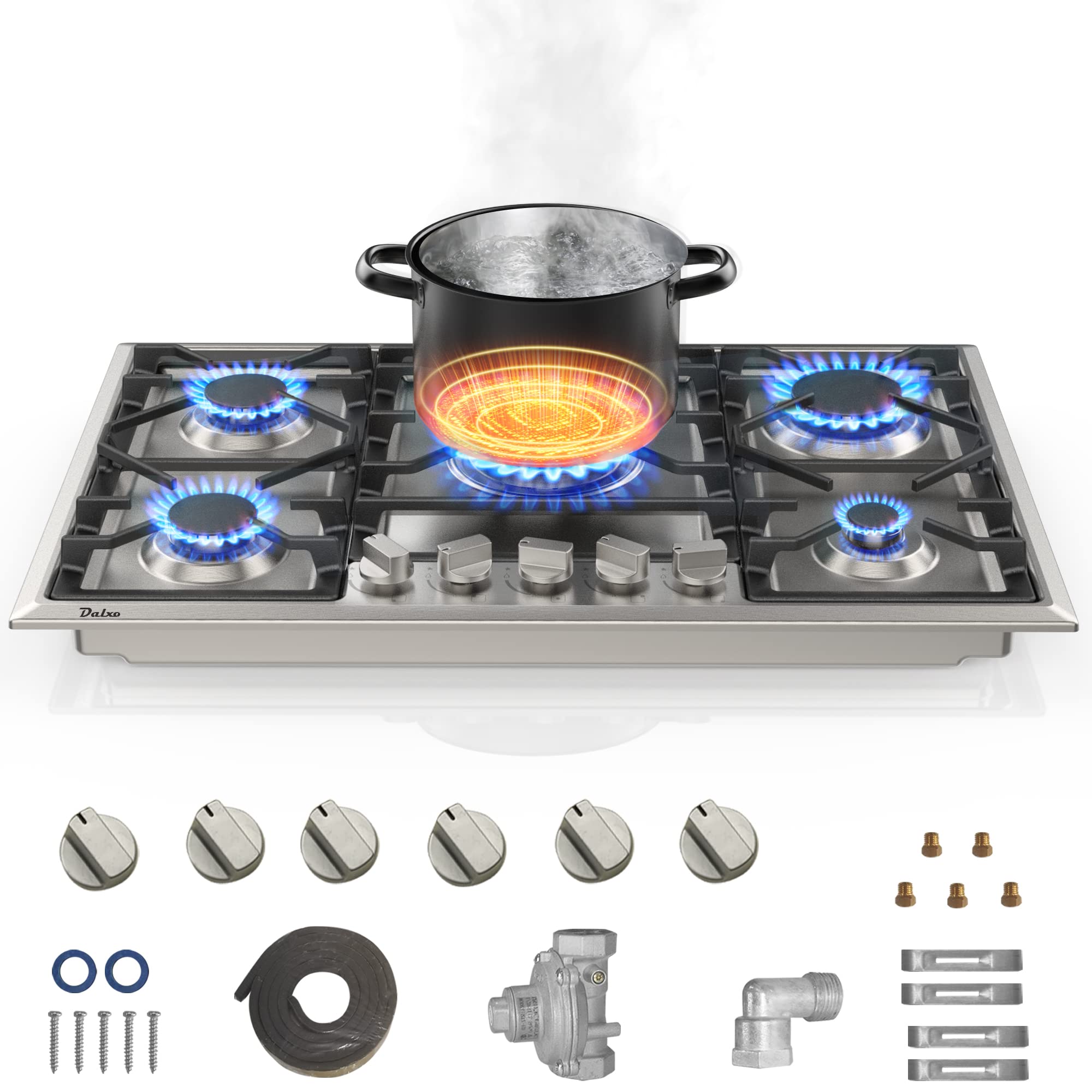 30 Inch Gas Cooktop with 6 Metal Knob, Dalxo 5 Italy Defendi Burner Gas Stovetop, Food-grade Stainless Steel Built-In Gas Hob, NG/LPG Convertible Gas Range Top for Kitchen, Thermocouple Protection