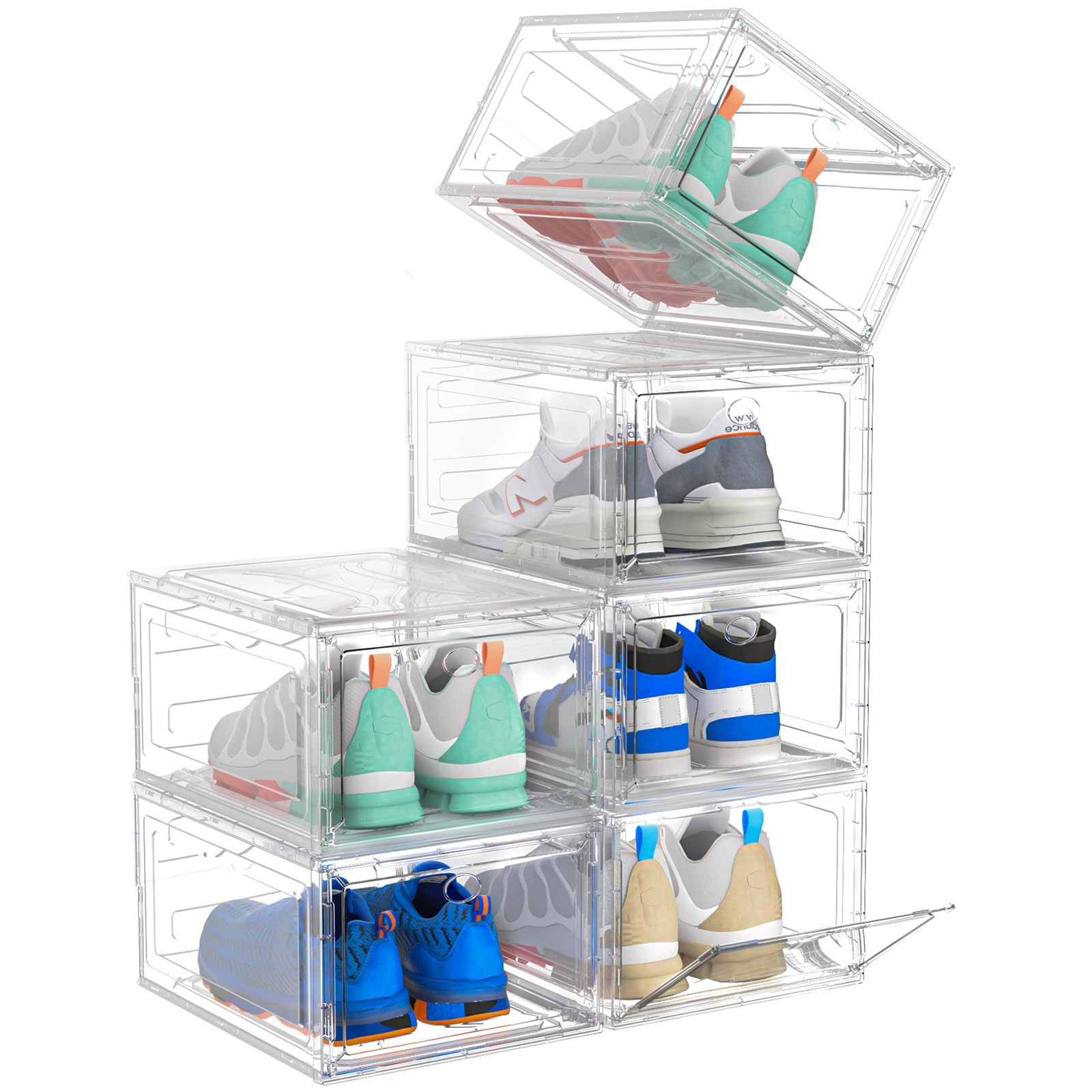 ARSTPEOE Upgrade Harder Solid Plastic Shoe Organizer with Magnetic Front Door, 12 Pack Shoe Boxes Clear Stackable, Sneaker Storage for Closet, Shoe Display Case, White