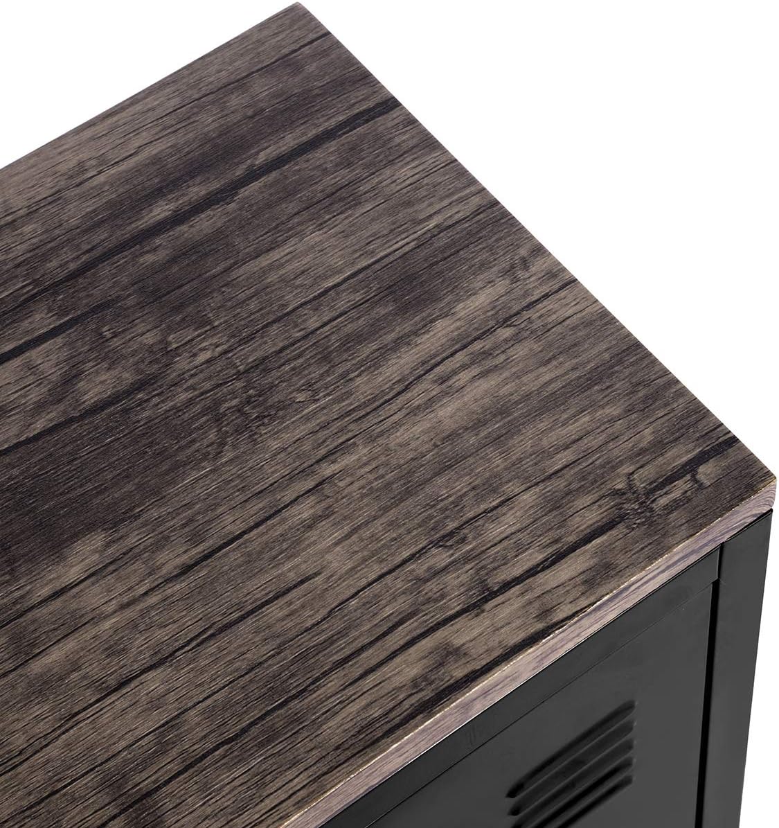 FurnitureR Office File Storage Console Cupboard Metal Cabinet 3 Door Cupboard Locker Organizer with Walnut MDF Top Black Metal Frame