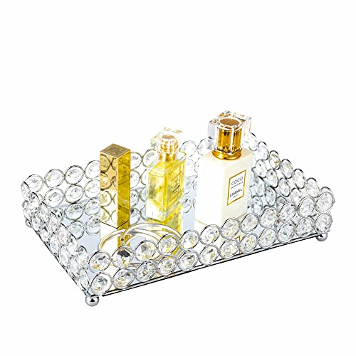 Feyarl 10 Inch Crystal Cosmetic Tray Rectangle Vanity Tray Makeup Jewelry Trinket Organizer Mirror Decorative Tray Perfume Skin Care Organizer Christmas Party Coffee Table(Silver)