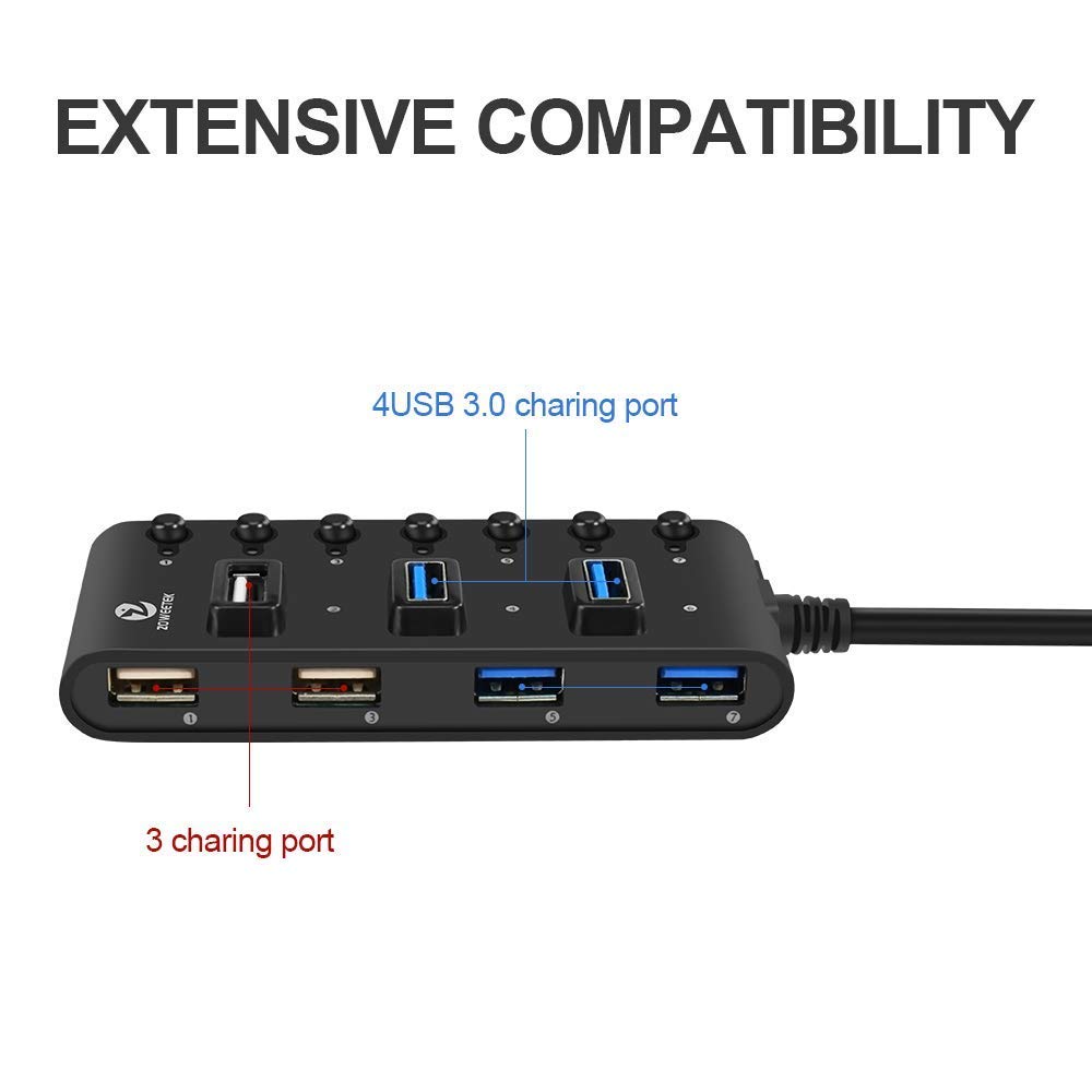 USB Hub 3.0 Network Hubs 7-Port USB 3.0 Hub with Smart Charging Port and Individual On/Off Power Switches for Windows 10/8 / Vista/XP and Mac OS X, Linux and Chrome OS