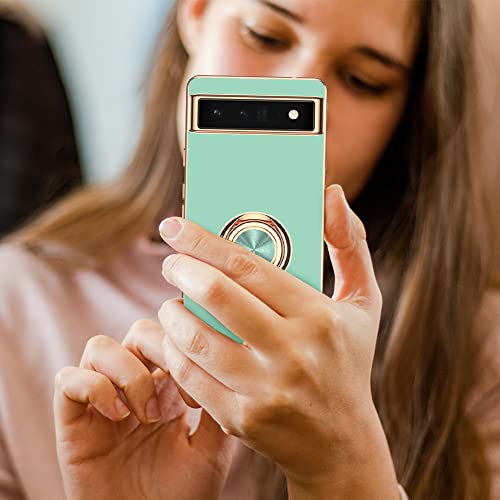 Aitipy for Google Pixel 6A Case, Built-in 360 Rotation Ring Holder with Screen Protector & Camera Lens Protector, Luxury Shiny Electroplated Edged Shockproof Protective Phone Cover (Mint/Golden)