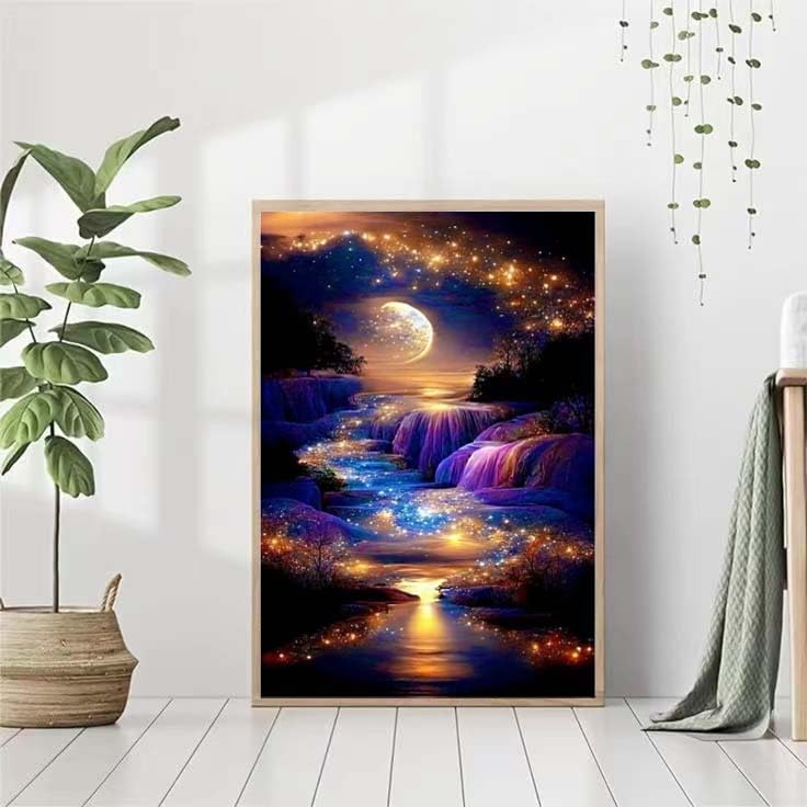 Waterfall Landscape Diamond Art Kits For Adults,DIY Moonlight Diamond Painting Kits For Adults Beginners,5D Full Drill Diamond Dots With Diamond Gem Art And Crafts For Home Wall Decor 12x16inch