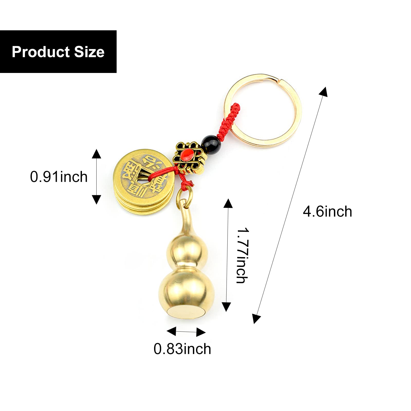 3PCS Chinese Gourd Brass Wu Lou Keychains, Gold Feng Shui Coins for Good Luck Fortune Longevity Success, Detachable Calabash Decorations Pendant Key Rings to Stuff Bless Prayer Note (Bottom Open)
