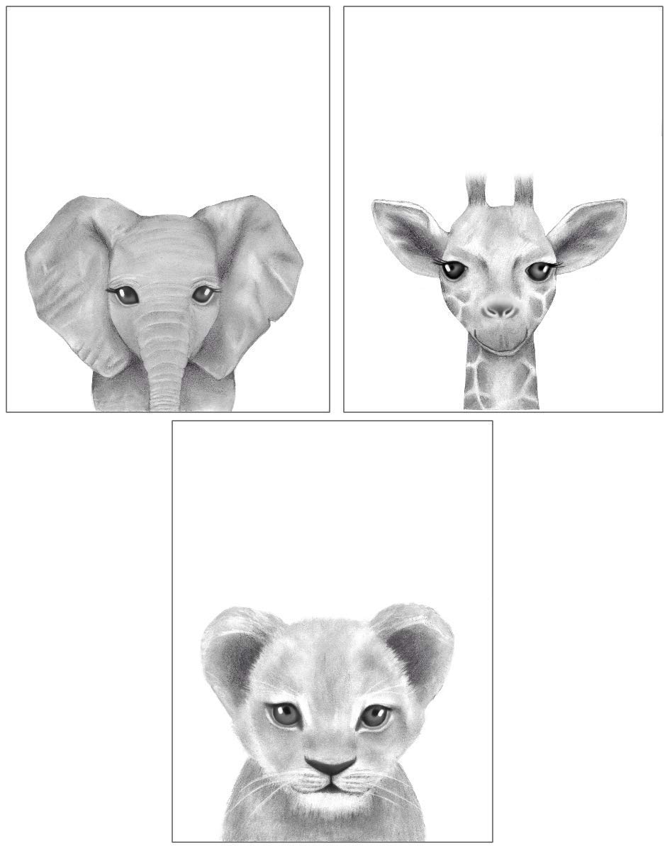 Set of 3 Baby Safari Animal Rustic Nursery Decor |11"x14"| Baby Giraffe, Lion, and Elephant Safari Animal Wall Art Set - Artwork for Outdoor Themed Gender Neutral Baby Girls or Boys