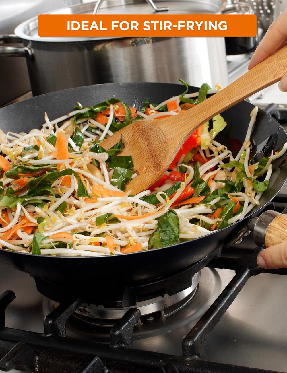 Commercial CHEF 12" Carbon Steel Wok with Acacia Wood Handle, Non Stick Stir Fry Pan with Ceramic Coating, Safe for Any Cooktop or Grill, Lighter and Cools Faster than Cast Iron