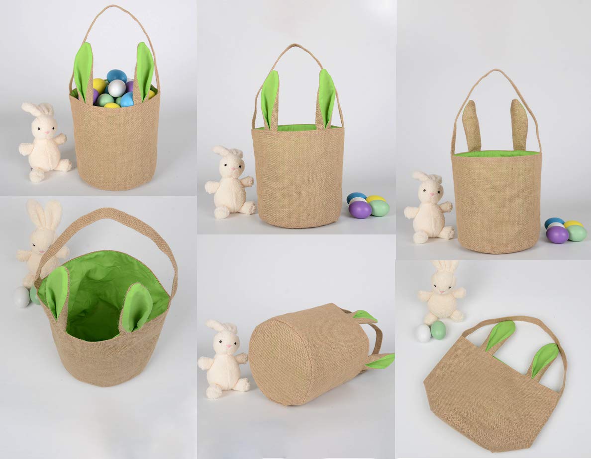 KEFAN 3 Pack Easter Bunny Baskets Jute Burlap Easter Bags with Ears Stand Up 8 x 8 x 9 Inch