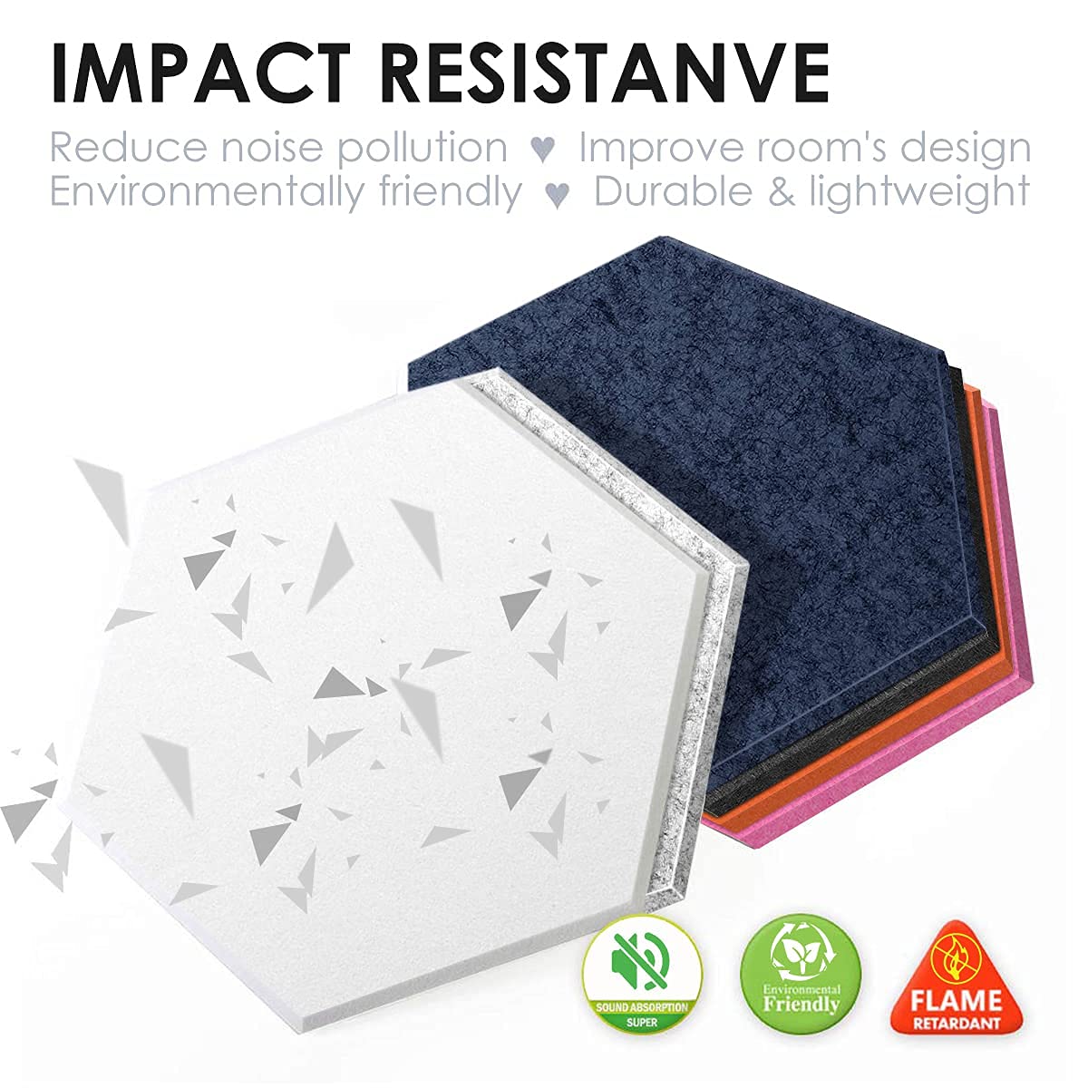 Balkwan Self-adhesive Acoustic Panels Hexagon Art Decor Sound Proof Padding Sound Dampening Panel Acoustic Foam Wall Tiles, 6.8" x 7.9" x 0.35" Beveled Edge 6 pack (7.8 Inch, Dark Blue)