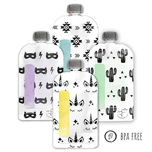 Hippypotamus Reusable Baby Food Pouches - 12 Pack - Baby Food Storage - Pouches Toddler - Refillable Squeeze Pouch for Kids (BLACK/WHITE)