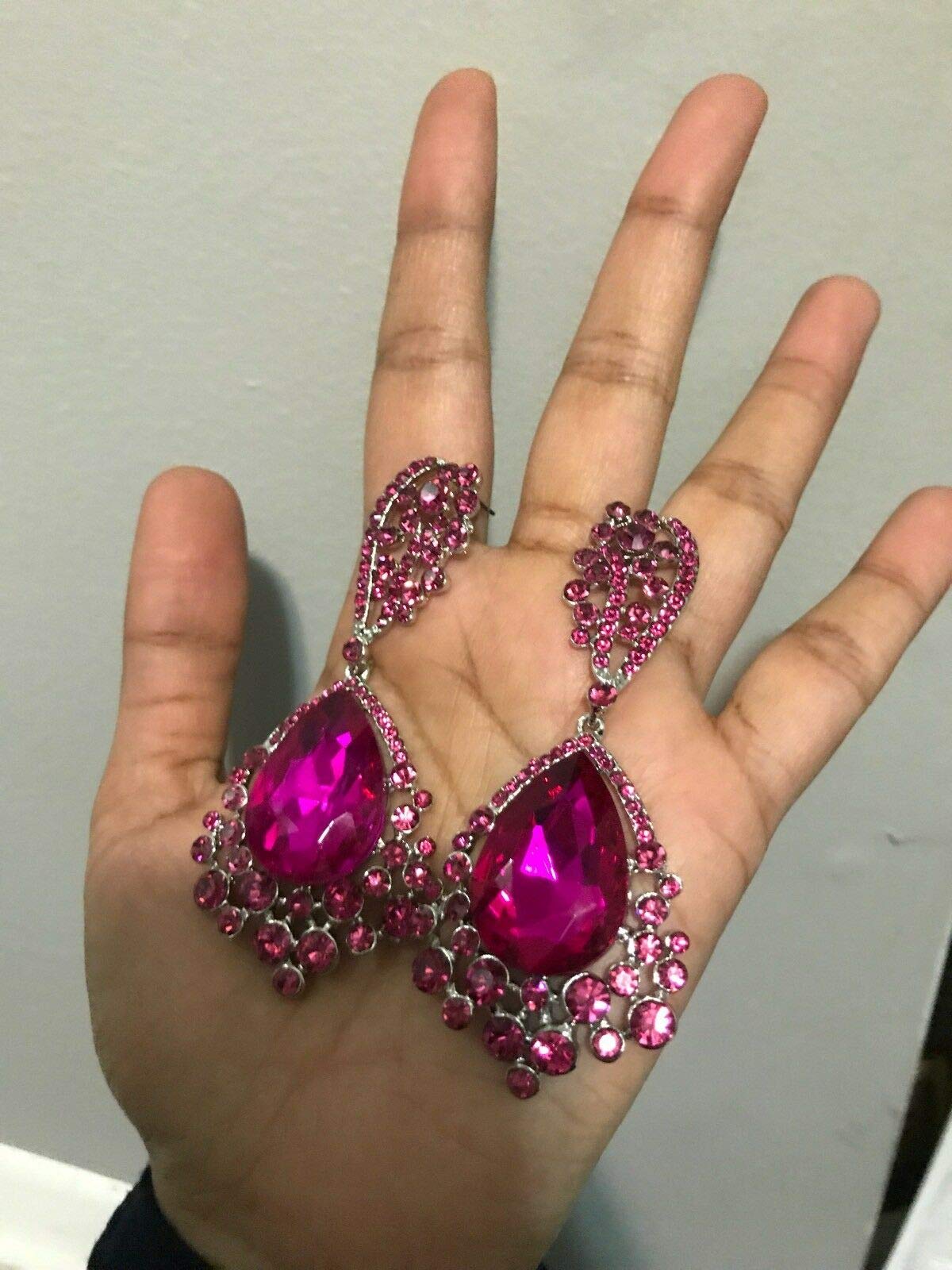3.25" Long Hot Pink Fuchsia Dangle Pageant Rhinestone Crystal Silver Earrings