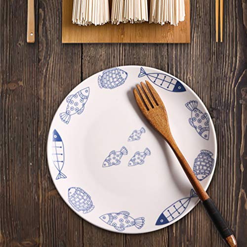 YARNOW 8-inch Ceramic Serving Plate Porcelain Round Platter Dessert Salad Tray Dinner Dish Bowl for Tabletop Home Restaurant (Nine Fishes)